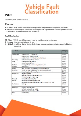 Vehicle Fault Classification - Ia Ara Aotearoa Transporting New Zealand Inc